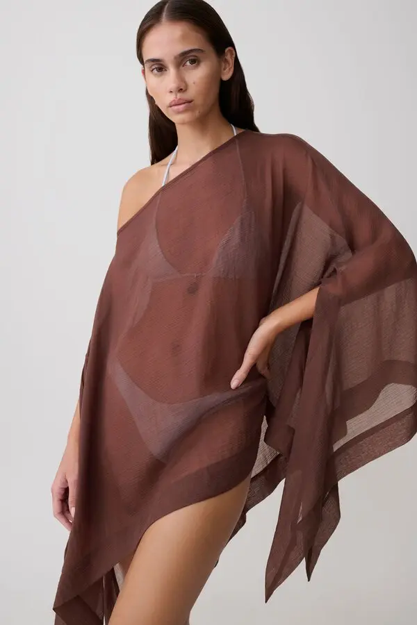 Meshki Leilani Sheer Draped Asymmetric Top - Chocolate