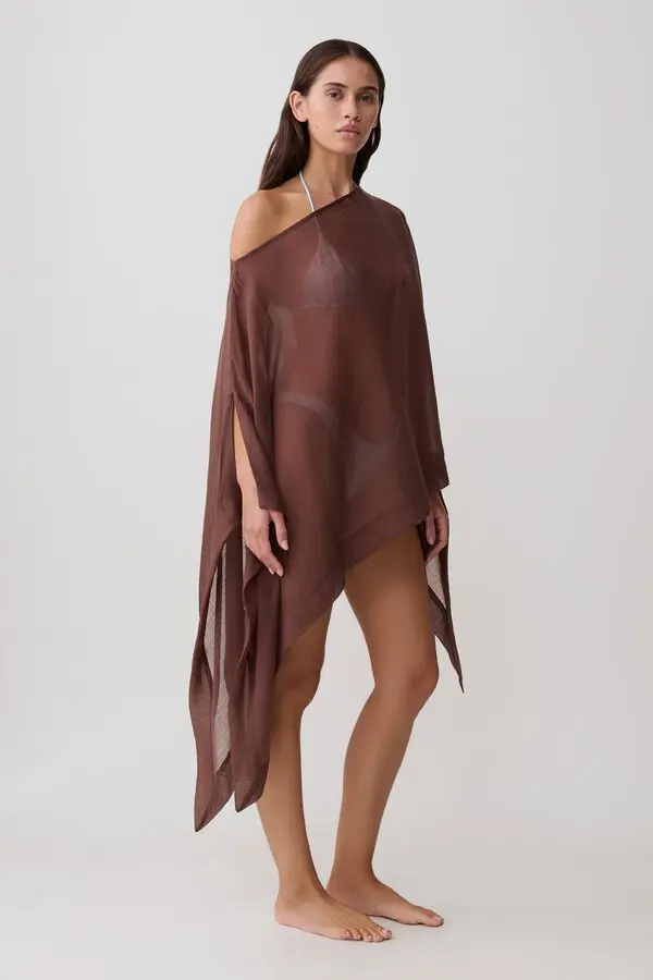 Meshki Leilani Sheer Draped Asymmetric Top - Chocolate