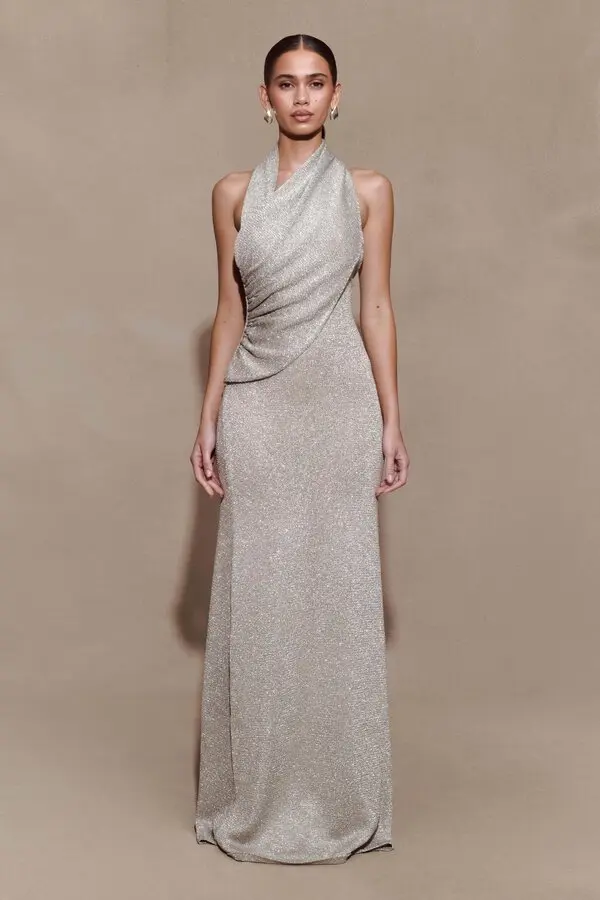 Meshki Elma Lurex Knit Halter Maxi Dress - Silver