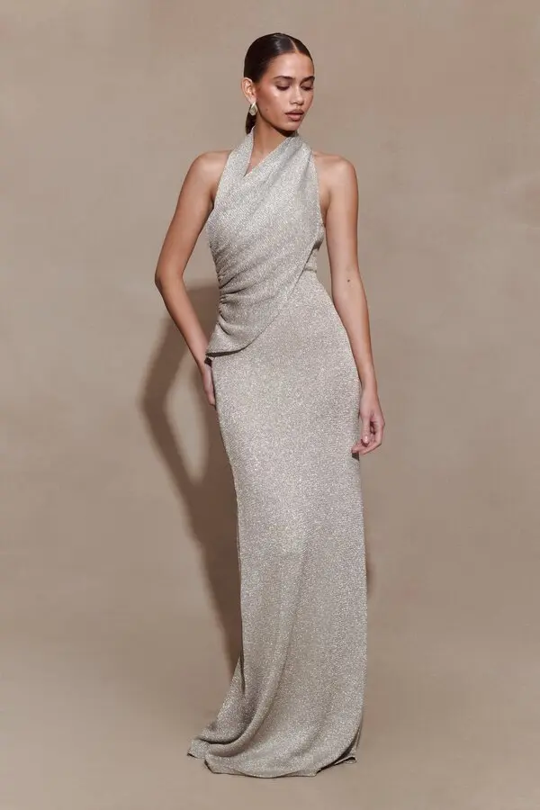 Meshki Elma Lurex Knit Halter Maxi Dress