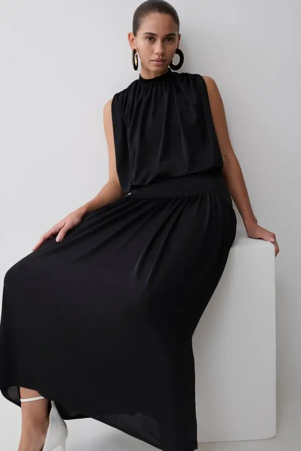 Meshki True Drop Waist Gathered Midi Dress