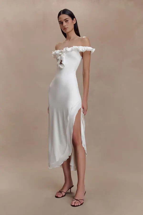 Meshki Allegra Off Shoulder Ruffle Midi Dress
