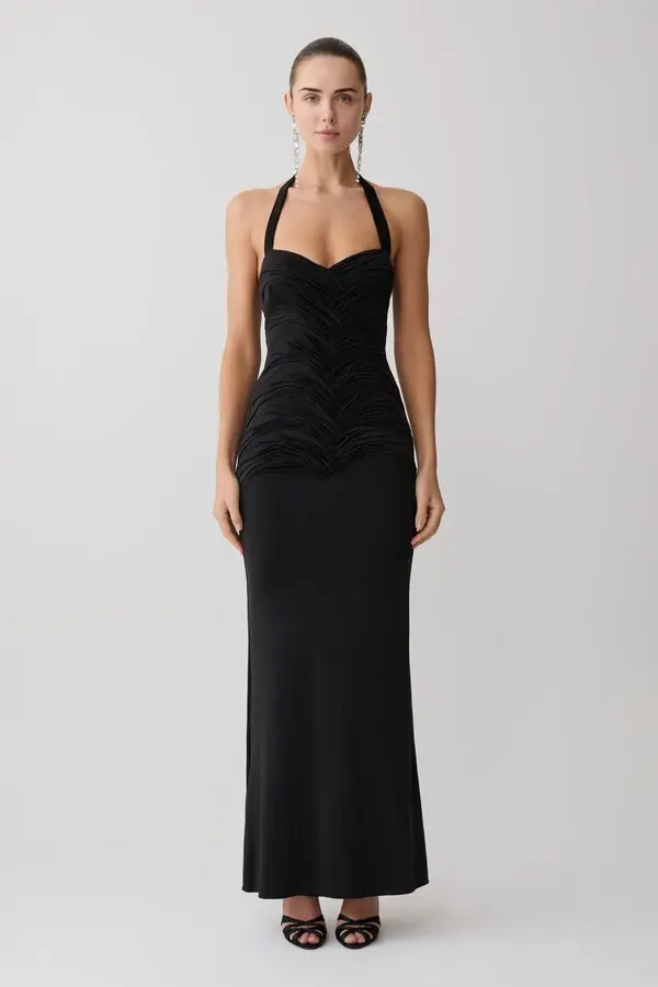 Meshki Hoai Gathered Slinky Halter Maxi Dress
