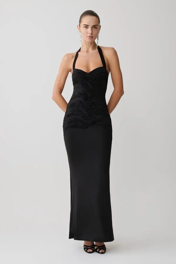 Meshki Hoai Gathered Slinky Halter Maxi Dress