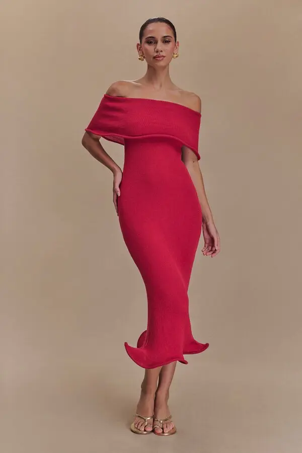 Meshki Molly Off Shoulder Knit Midi Dress - Raspberry