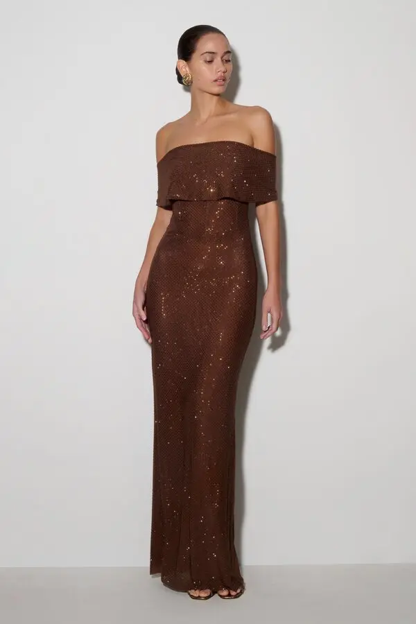 Meshki Phi Multi/wear Cowl Diamante Maxi Dress - Chocolate