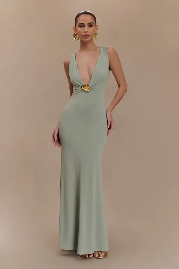 Meshki Beck Plunge Maxi Dress With Floral Hardware - Basil