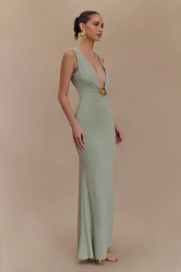 Meshki Beck Plunge Maxi Dress With Floral Hardware