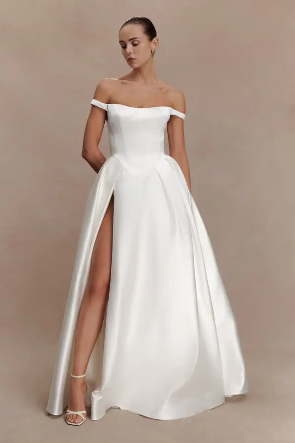 Meshki Willow Off Shoulder Satin Maxi Gown - White