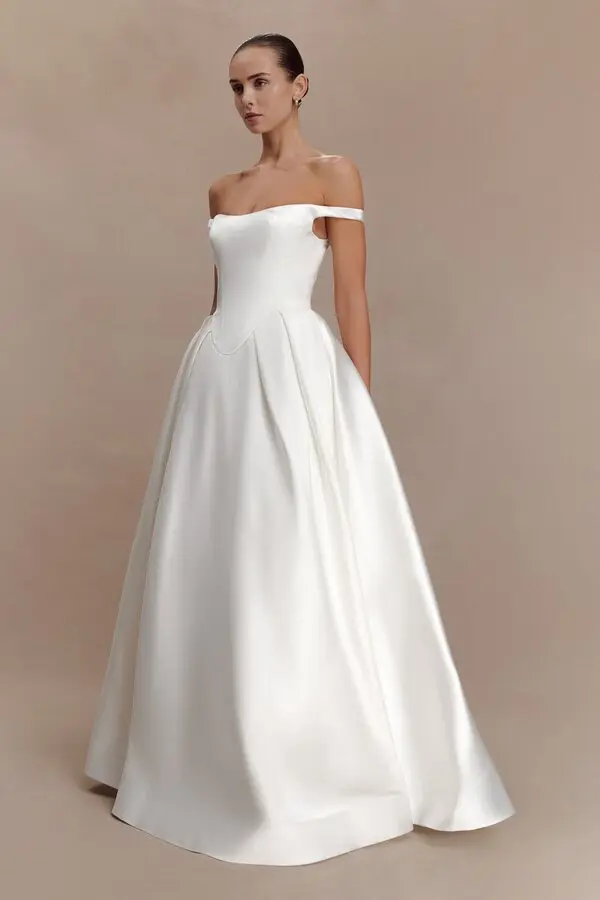 Meshki Willow Off Shoulder Satin Maxi Gown