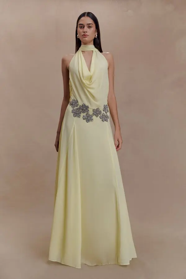 Meshki Santal Floral Chiffon Halter Maxi Dress - Lemon