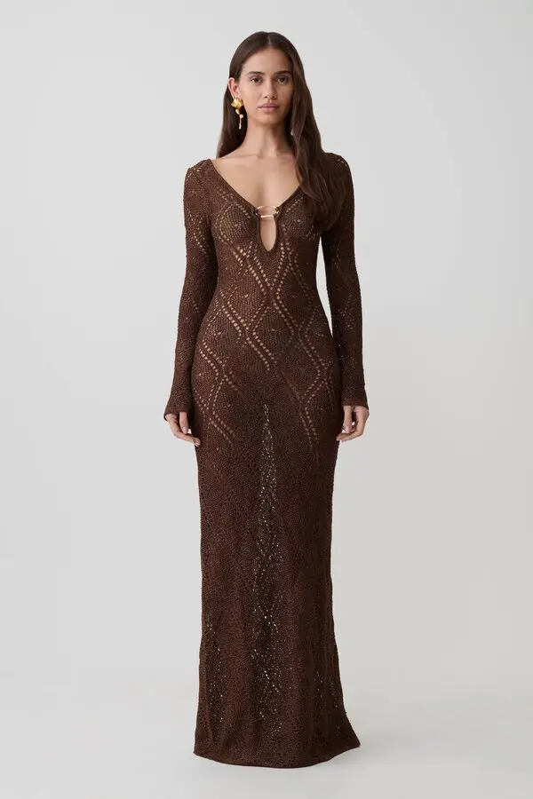 Meshki Chelsea Lurex Crochet Maxi Dress - Bronze