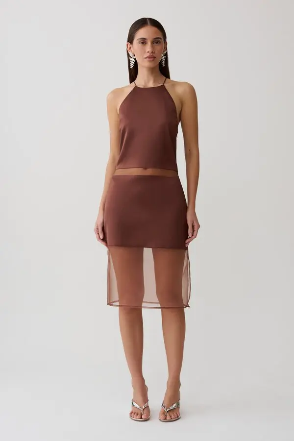 Meshki Priscilla Sheer Halter Midi Dress - Brown