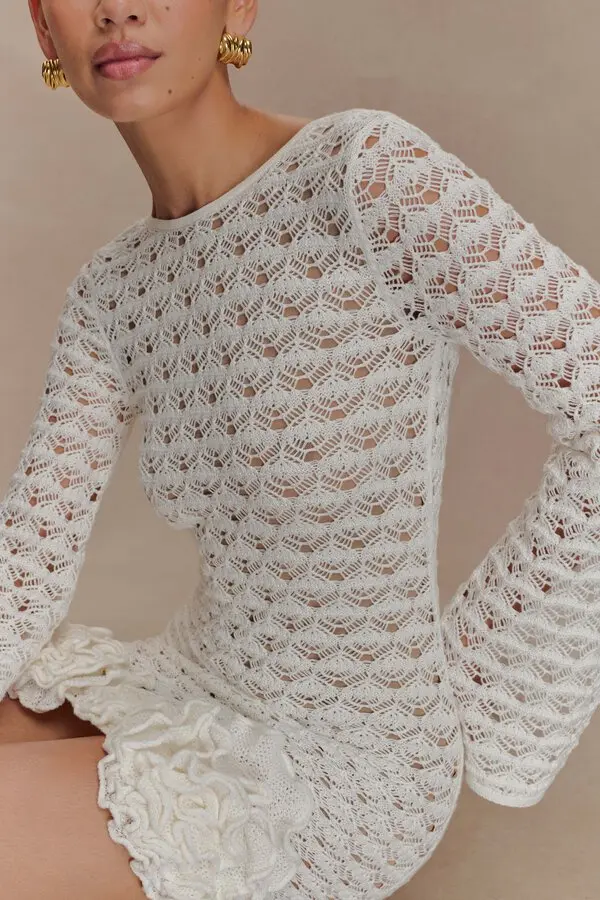 Meshki Aileen Ruffle Crochet Mini Dress - Ivory