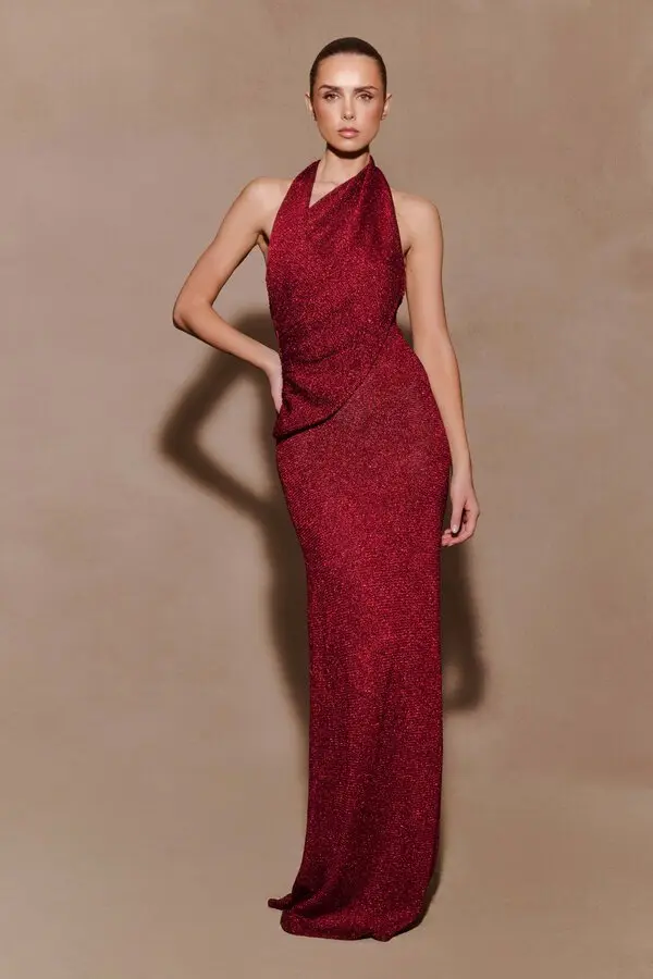 Meshki Elma Lurex Knit Halter Maxi Dress - Plum