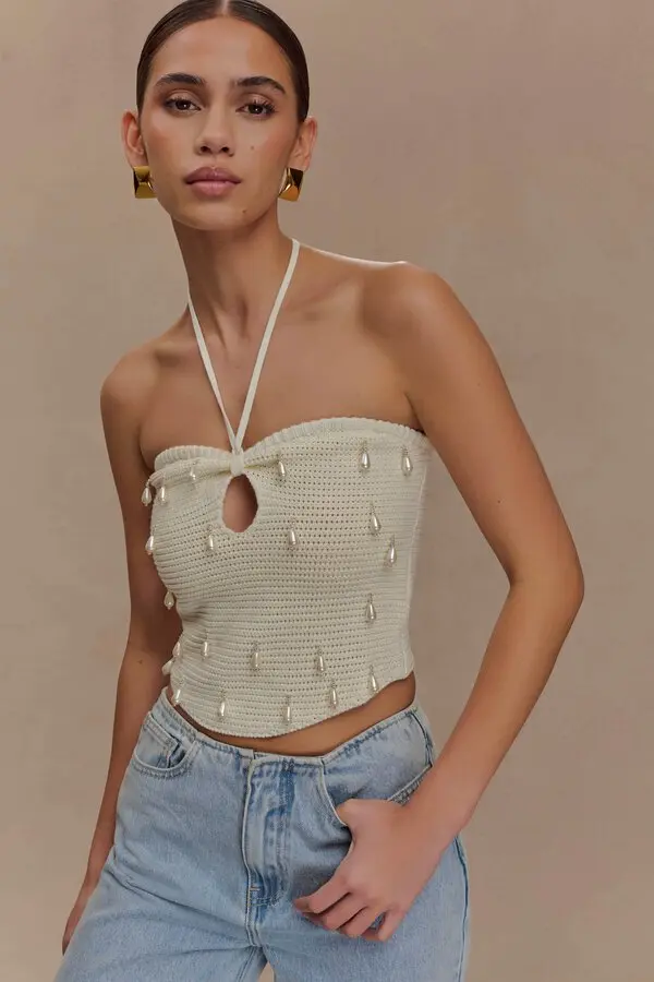 Meshki Aletta Knit Pearl Halter Top