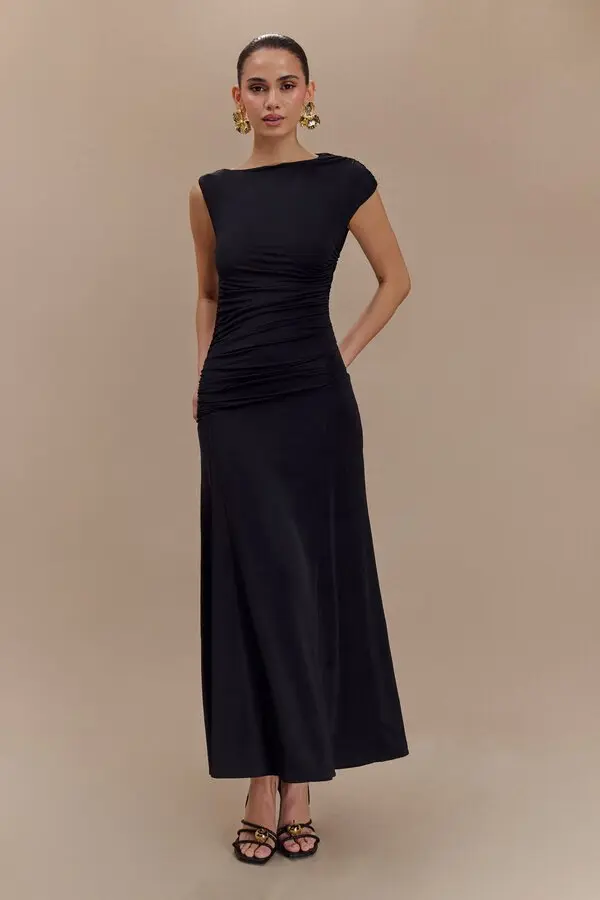 Meshki Navanna Asymmetric Slinky Midi Dress - Black