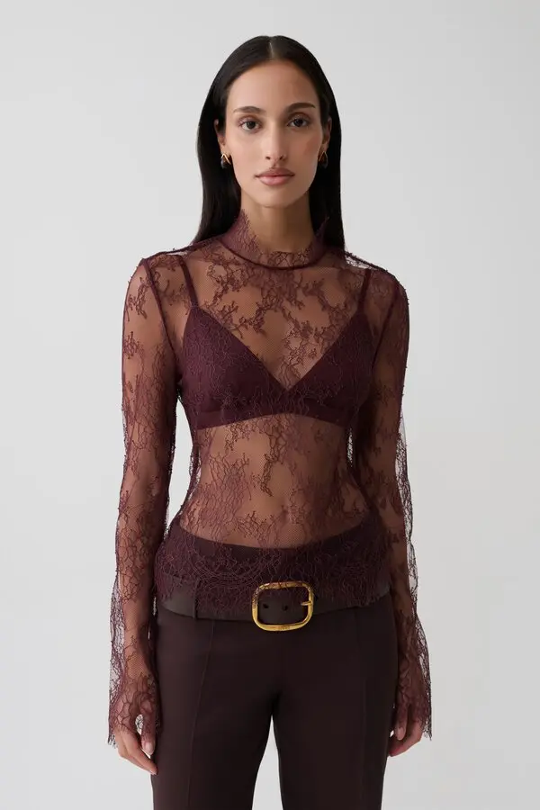 Meshki Alizette High Neck Long Sleeve Lace Top