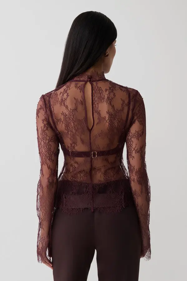 Meshki Alizette High Neck Long Sleeve Lace Top