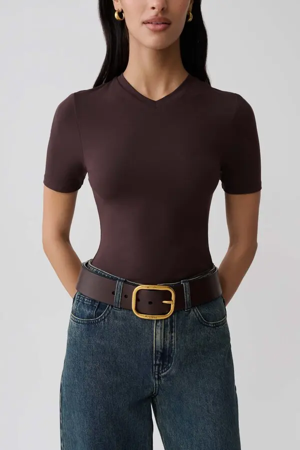 Meshki Janelle High V Neck Short Sleeve Top