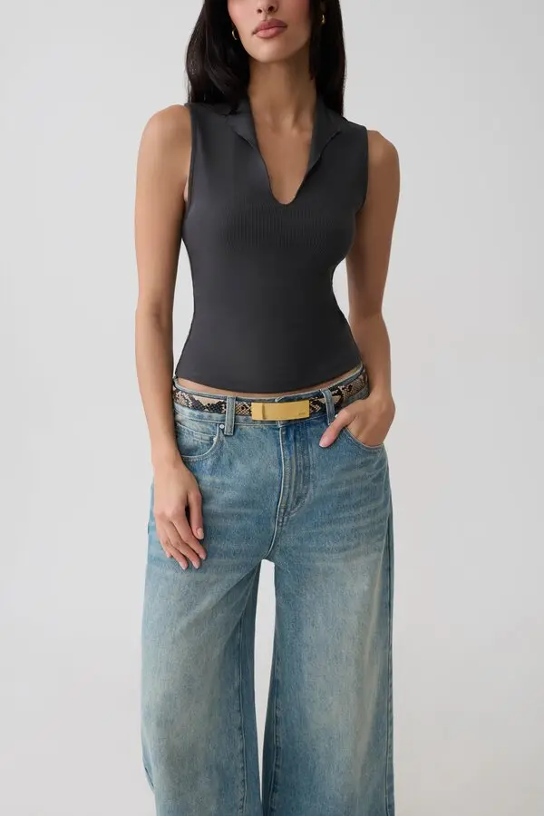 Meshki Myrtle Ribbed Sleeveless Lapel Top