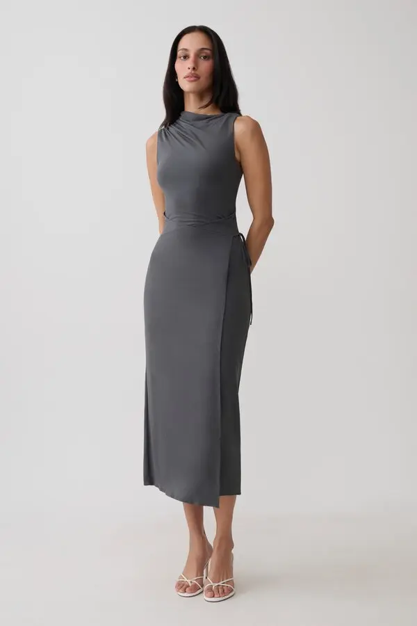 Meshki Euphemia Cupro Midi Wrap Dress - Grey