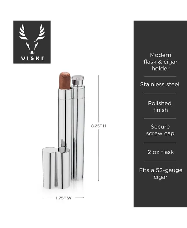 VISKI Cigar Holder And Flask In Stainless Steel