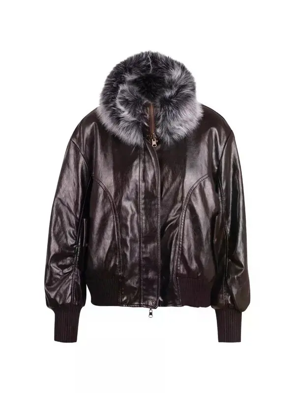 SWORD 6644 Faux-fur Trim Bomber Jacket - Brown