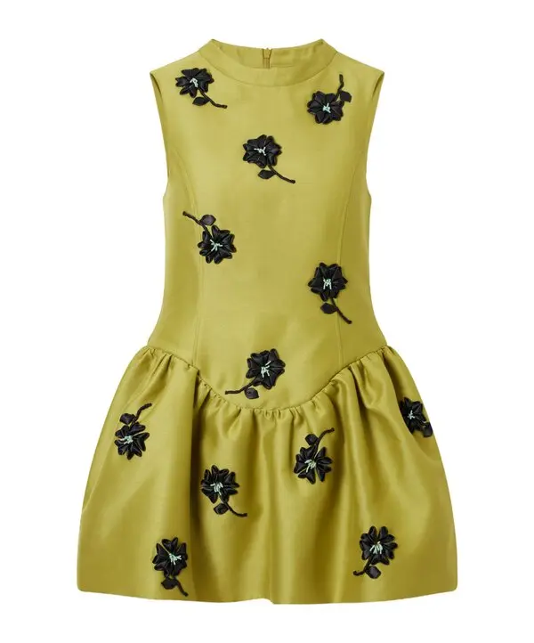 SHUSHU/TONG Floral-appliqué Gathered Satin Mini Dress - Green