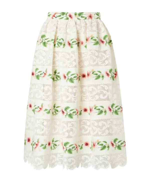 Oscar De La Renta Floral-print Lace-trimmed Cotton-blend Midi Skirt - White