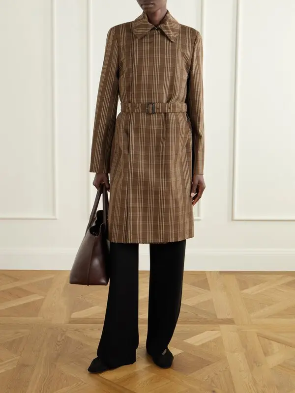 WALES BONNER Linear Belted Checked Wool-canvas Coat