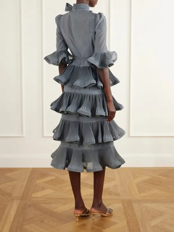 Zimmermann Pussy-bow Ruched Tiered Plissè Organza Midi Dress