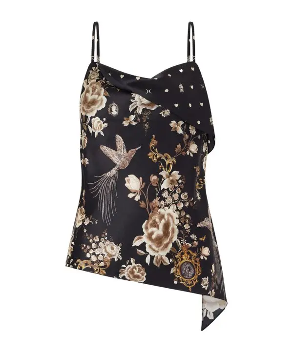 Camilla Asymmetric Draped Embellished Embroidered Printed Silk-satin Top - Black