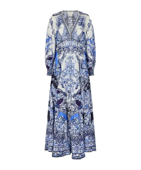 Camilla Crystal-embellished Printed Linen And Silk-blend Maxi Dress - Blue