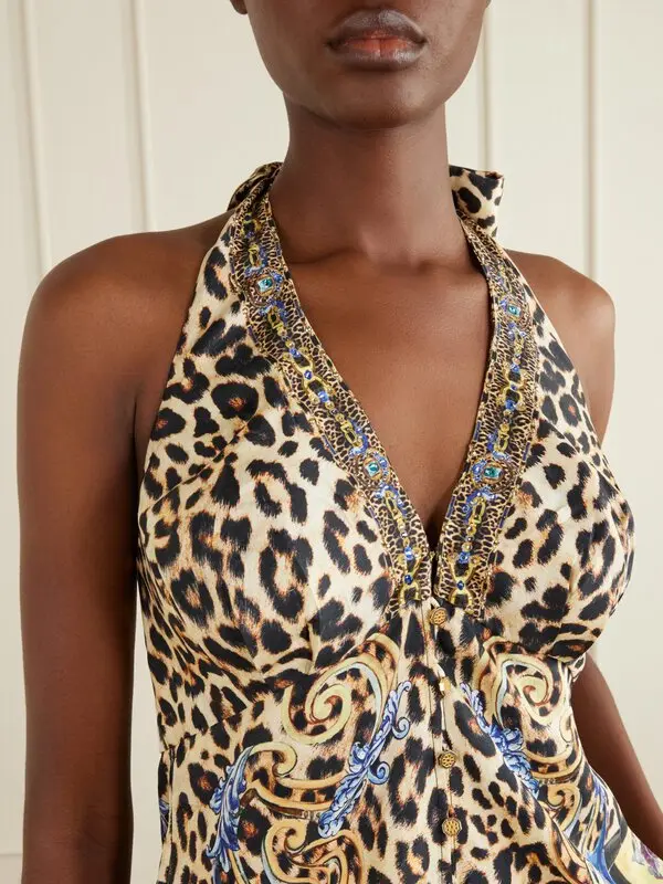 Camilla Embellished Printed Silk Halterneck Playsuit