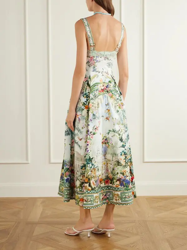 Camilla Empress Lace-trimmed Printed Cotton-blend Midi Dress