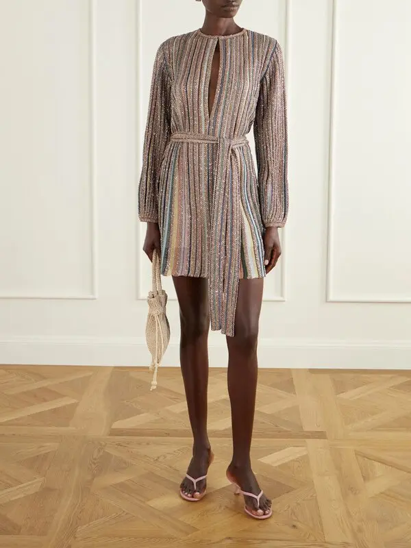 Missoni Belted Sequin-embellished Metallic Crochet-knit Mini Dress