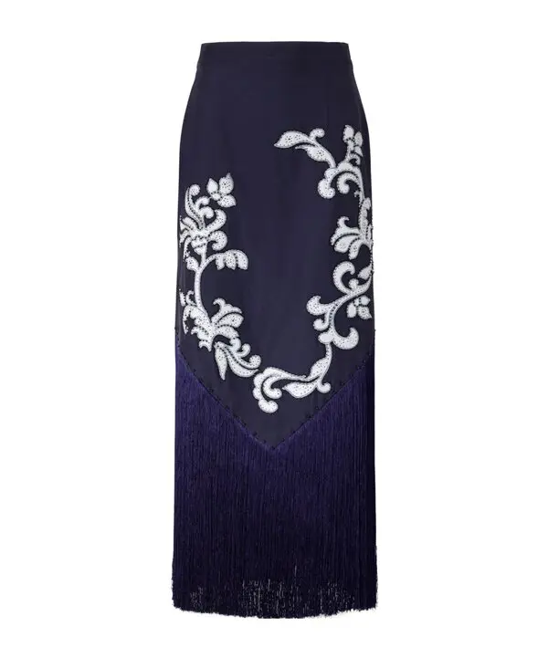 ALEMAIS Dillon Crystal And Bead-embellished Fringed Appliquéd Satin Midi Skirt - No