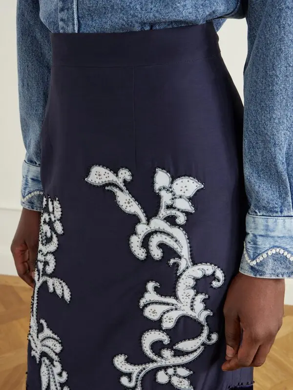 ALEMAIS Dillon Crystal And Bead-embellished Fringed Appliquéd Satin Midi Skirt - No