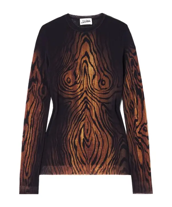 JEAN PAUL GAULTIER Wood Print Mesh Long Sleeve Top
