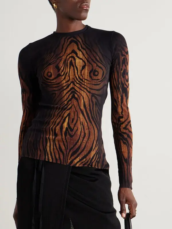JEAN PAUL GAULTIER Wood Print Mesh Long Sleeve Top