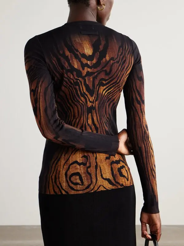 JEAN PAUL GAULTIER Wood Print Mesh Long Sleeve Top