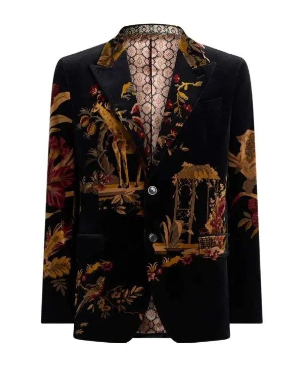 Etro Single-breasted Cotton Velvet Jacket With Placed Flower And Animal Print - Black