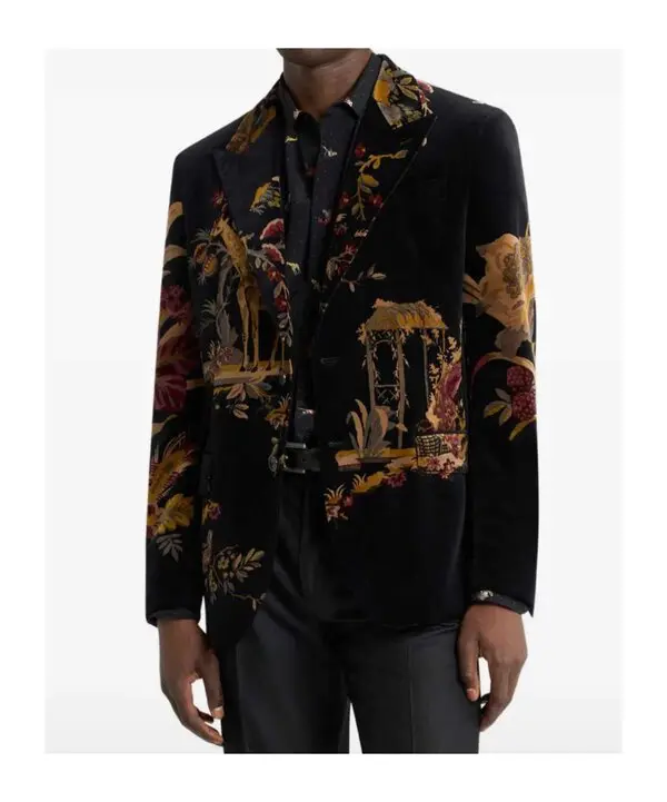 Etro Single-breasted Cotton Velvet Jacket With Placed Flower And Animal Print - Black