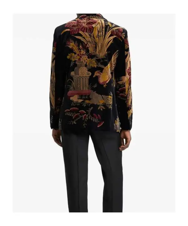 Etro Single-breasted Cotton Velvet Jacket With Placed Flower And Animal Print - Black