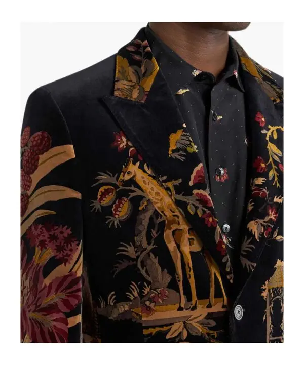 Etro Single-breasted Cotton Velvet Jacket With Placed Flower And Animal Print - Black