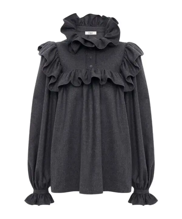 Chloé High-neck Ruffled Top In Wool Cashmere Flannel