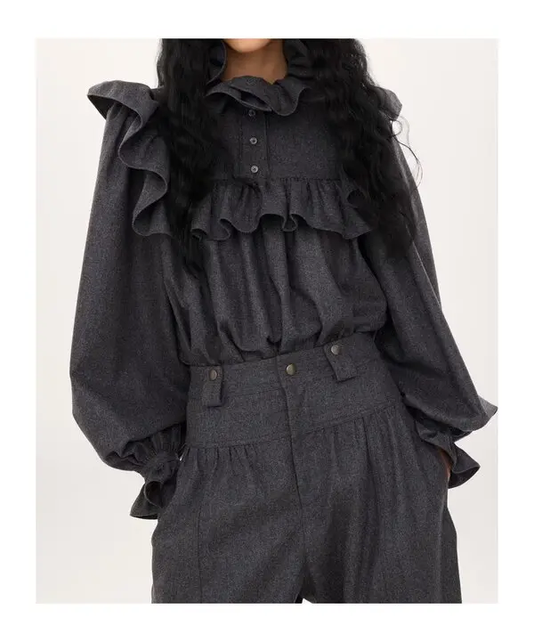 Chloé High-neck Ruffled Top In Wool Cashmere Flannel