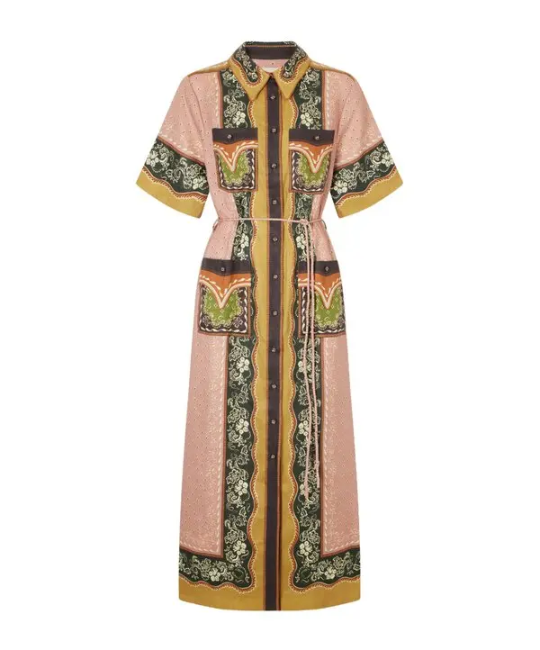 ALEMAIS Belted Printed Hemp Midi Dress - No