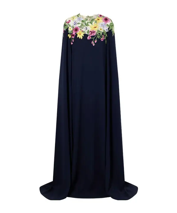Oscar De La Renta Cape-effect Floral-embroidered Silk-blend Georgette Gown - No